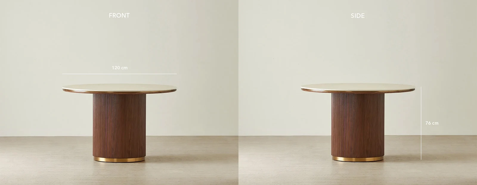 San Pierre Walnut Veneer Round Dining Table - Single Leg - Travertine ...