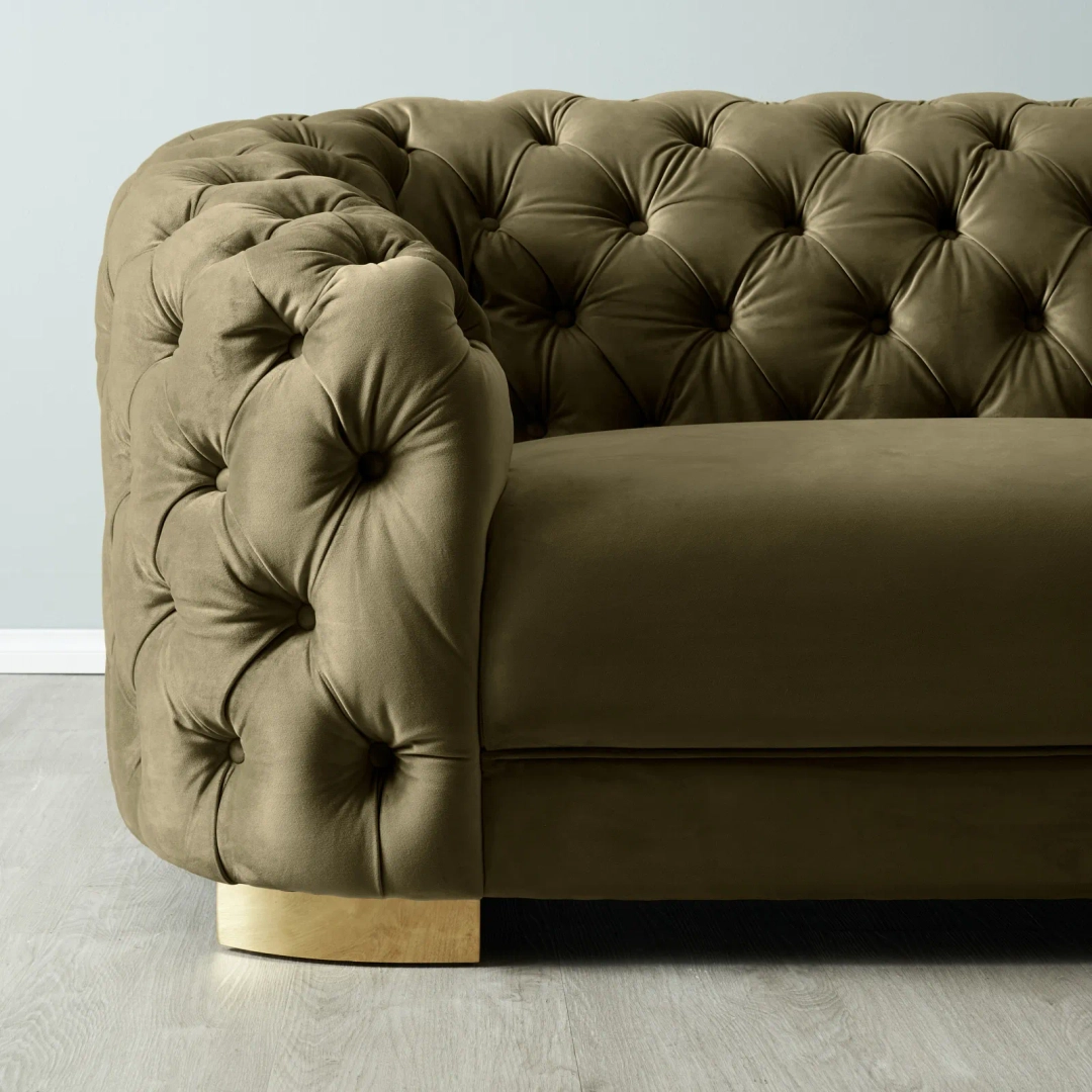 Kelly Olive Green Velvet 2-Seater Sofa Gold Legs | Koala Living
