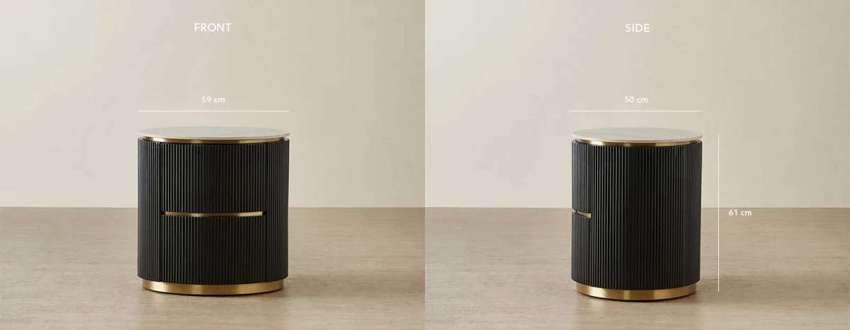 Archie Black Wooden Oval Bedside Table with White Sintered Stone Top ...