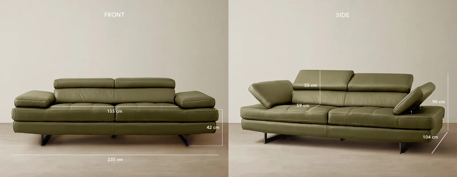 Lennox Garden Green Leather 3-Seater Sofa - Black Legs | Koala Living