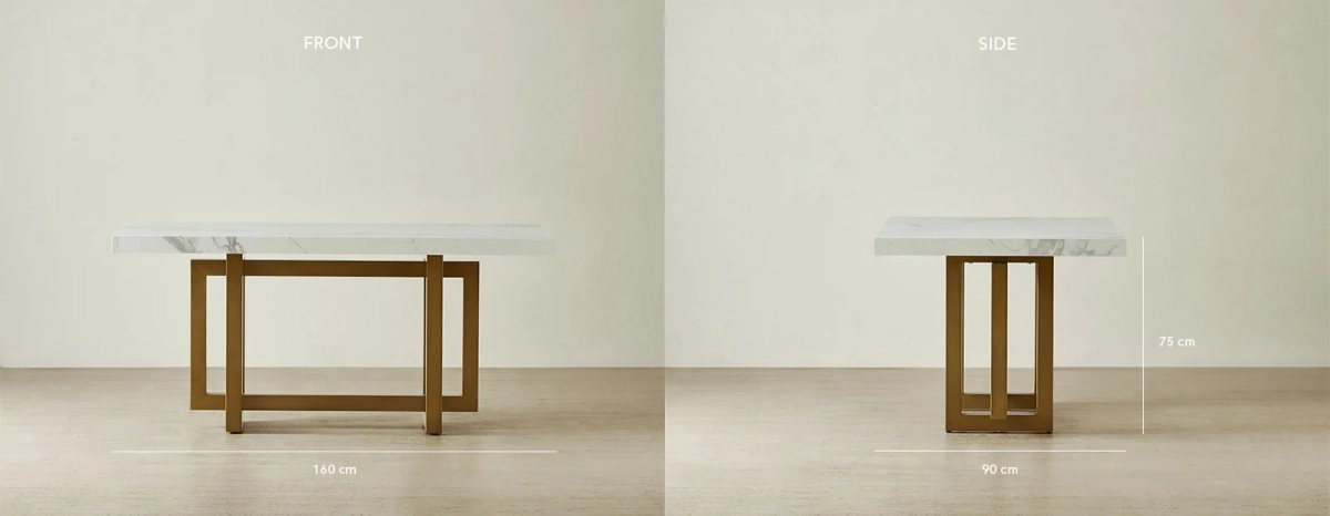 Grayson Statuario White Sintered Stone Dining Table - Brushed Bronze Legs 160x90cm | Koala Living