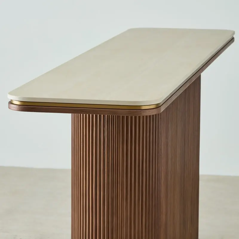 San Pierre Walnut Veneer Single Leg Console Table with Travertine ...