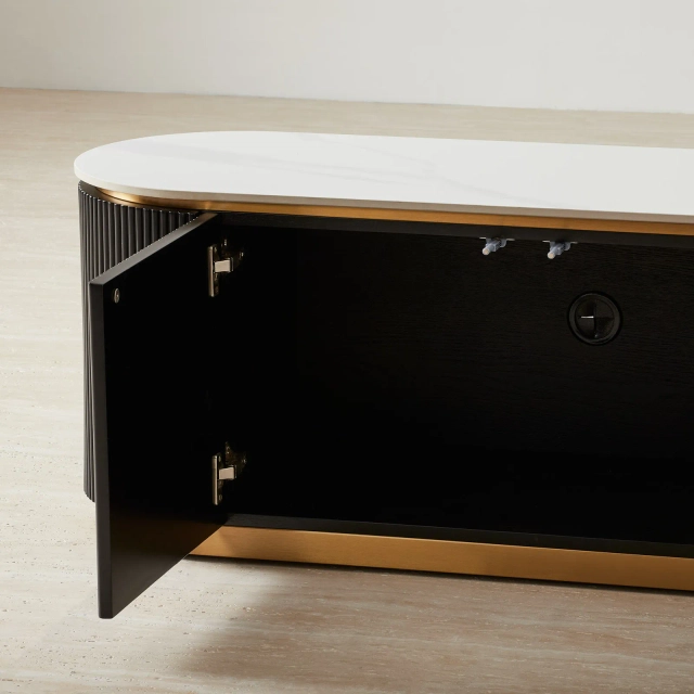 Archie Black Wooden Entertainment Unit with White Sintered Stone Top ...