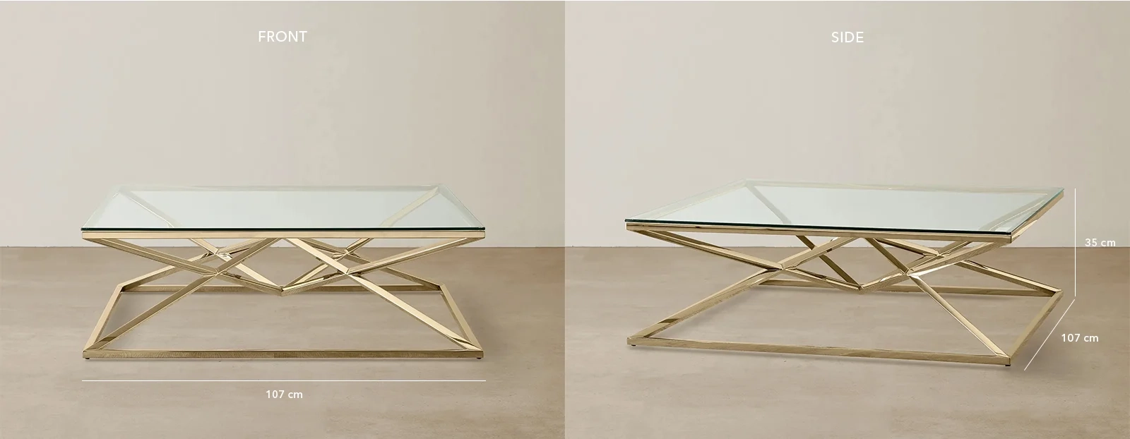 Knox Polished Champagne Gold Coffee Table - Clear Glass Top | Koala Living