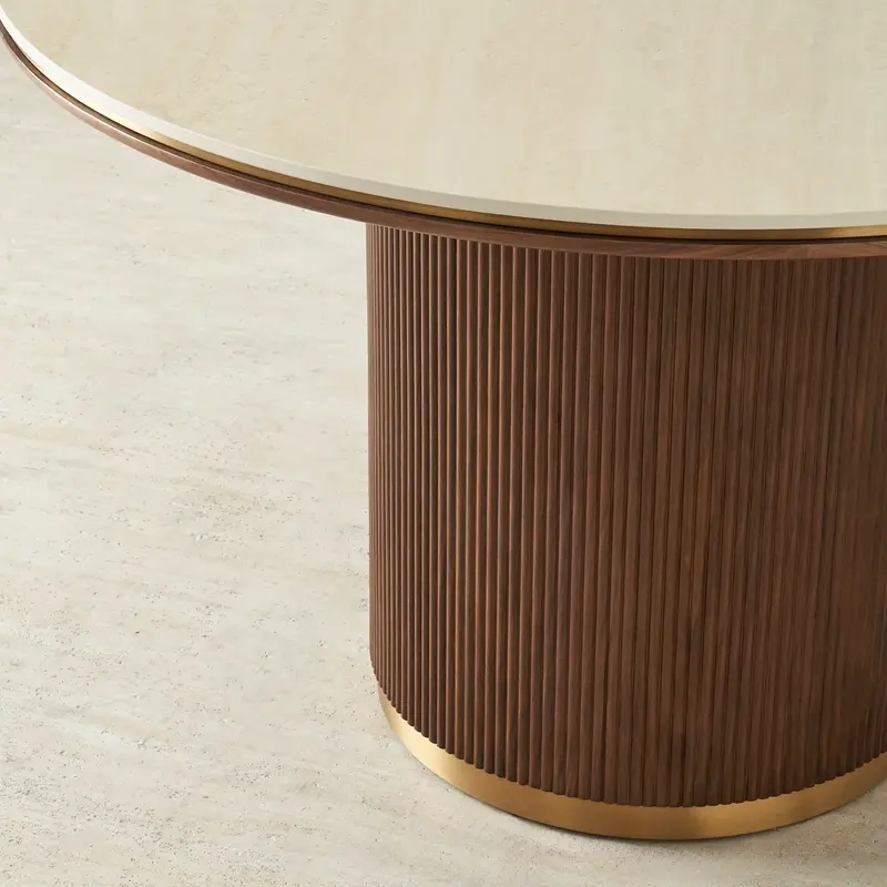 San Pierre Walnut Veneer Round Dining Table - Single Leg - Travertine Finish Sintered Stone Top ...