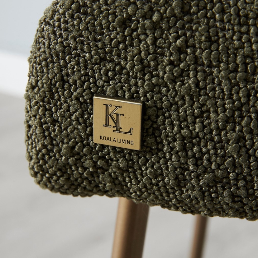 Quinn Olive Green Boucle Bar Stool - Brass Colour Legs | Koala Living
