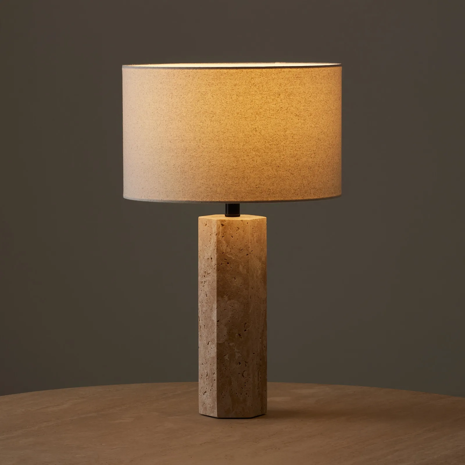 Verlet Travertine Table Lamp - Beige Linen Lamp Shade | Koala Living