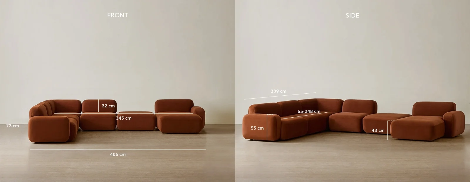 Capri Copper Brown Velveteen Modular Corner Sofa - Right Chaise | Koala ...