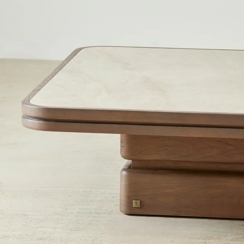Whimsy Walnut Brown Wooden Coffee Table - Taj Mahal Sintered Stone Top ...