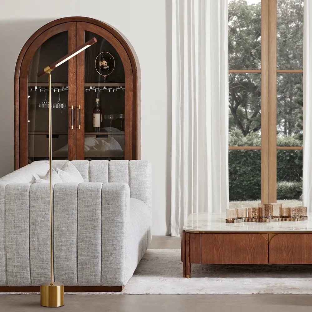 Kaia Brushed Gold Metal Floor Lamp Walnut Metal Shade | Koala Living