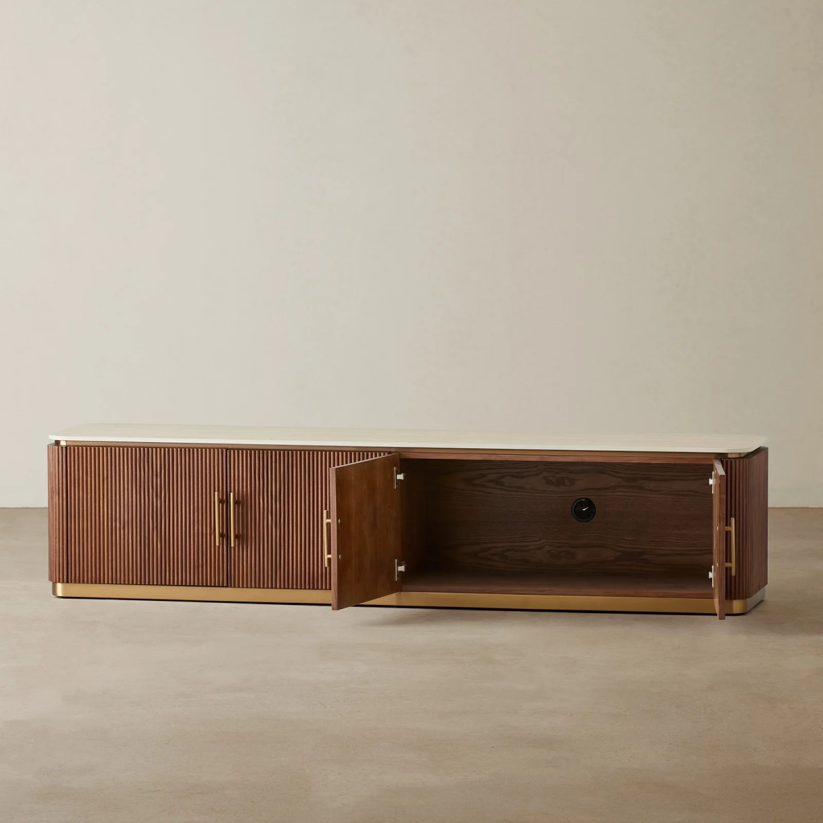 San Pierre Walnut Veneer Entertainment Unit with Travertine Finish ...