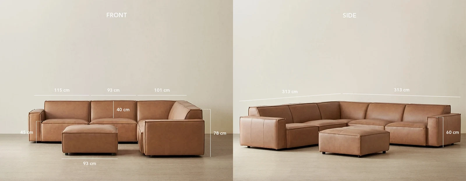 Lainey Medium Tan Modular Leather Sofa with Ottoman | Koala Living