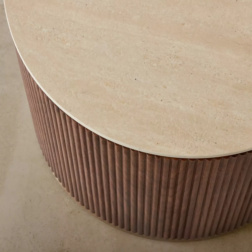 San Pierre Walnut Veneer Side Table - Travertine Finish Sintered Stone ...