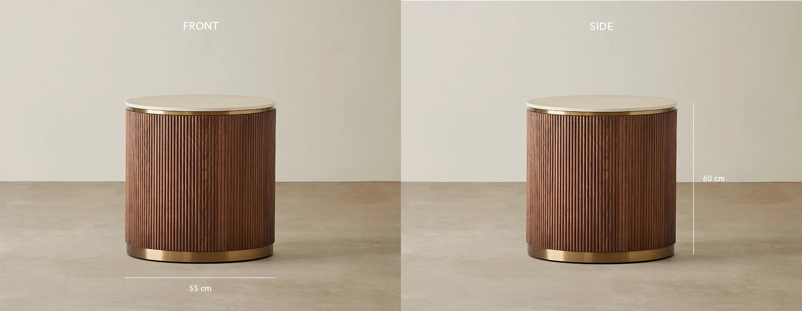 San Pierre Walnut Veneer Side Table - Travertine Finish Sintered Stone Top