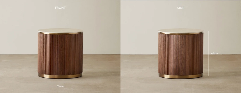 San Pierre Walnut Veneer Side Table - Travertine Finish Sintered Stone Top