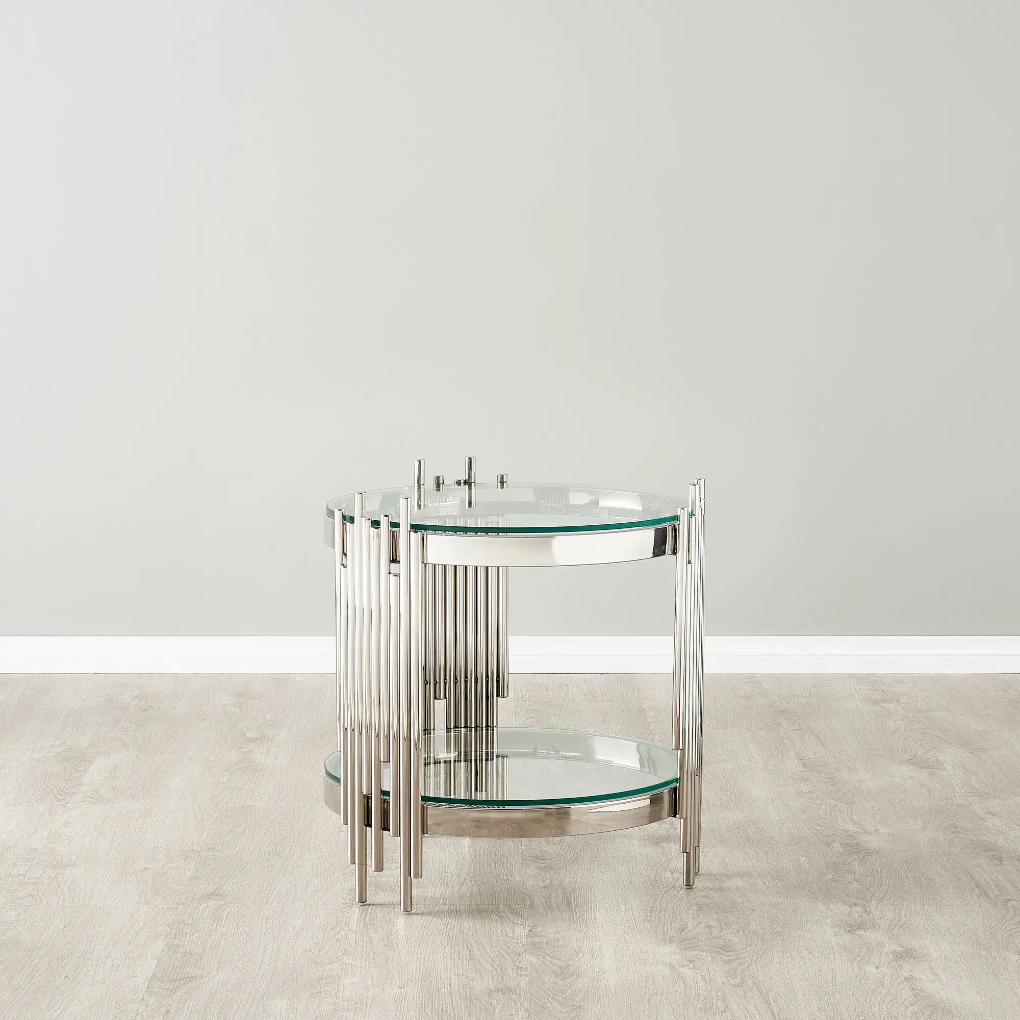 Lindsay Polished Stainless Steel Round Coffee Table - Clear Glass Top