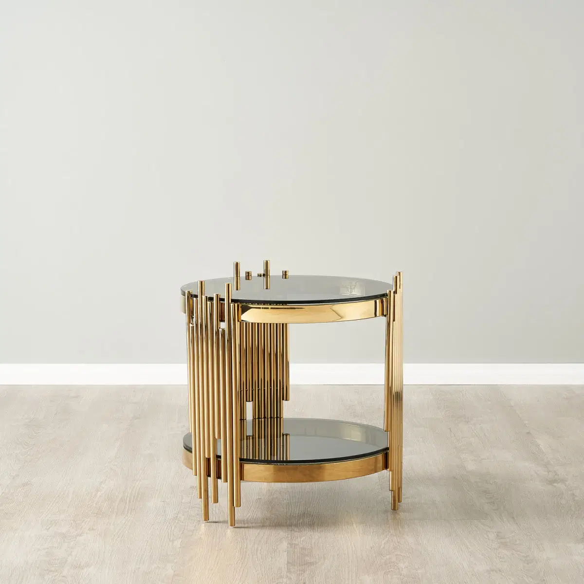 Lindsay Polished Gold Stainless Steel Round Coffee Table - Smoke Glass Top