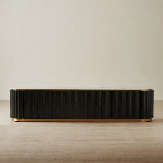 Archie Black Wooden Entertainment Unit with White Sintered Stone Top ...