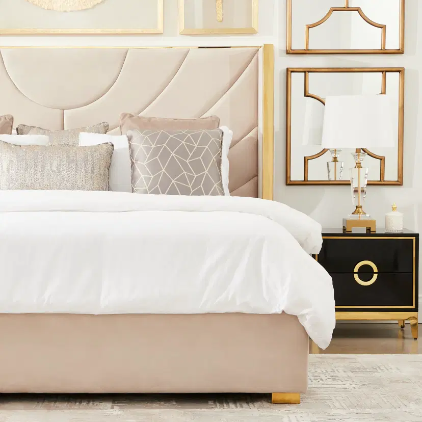 Gertrude Mushroom Velvet King Bed - Brushed Champagne Gold Stainless ...
